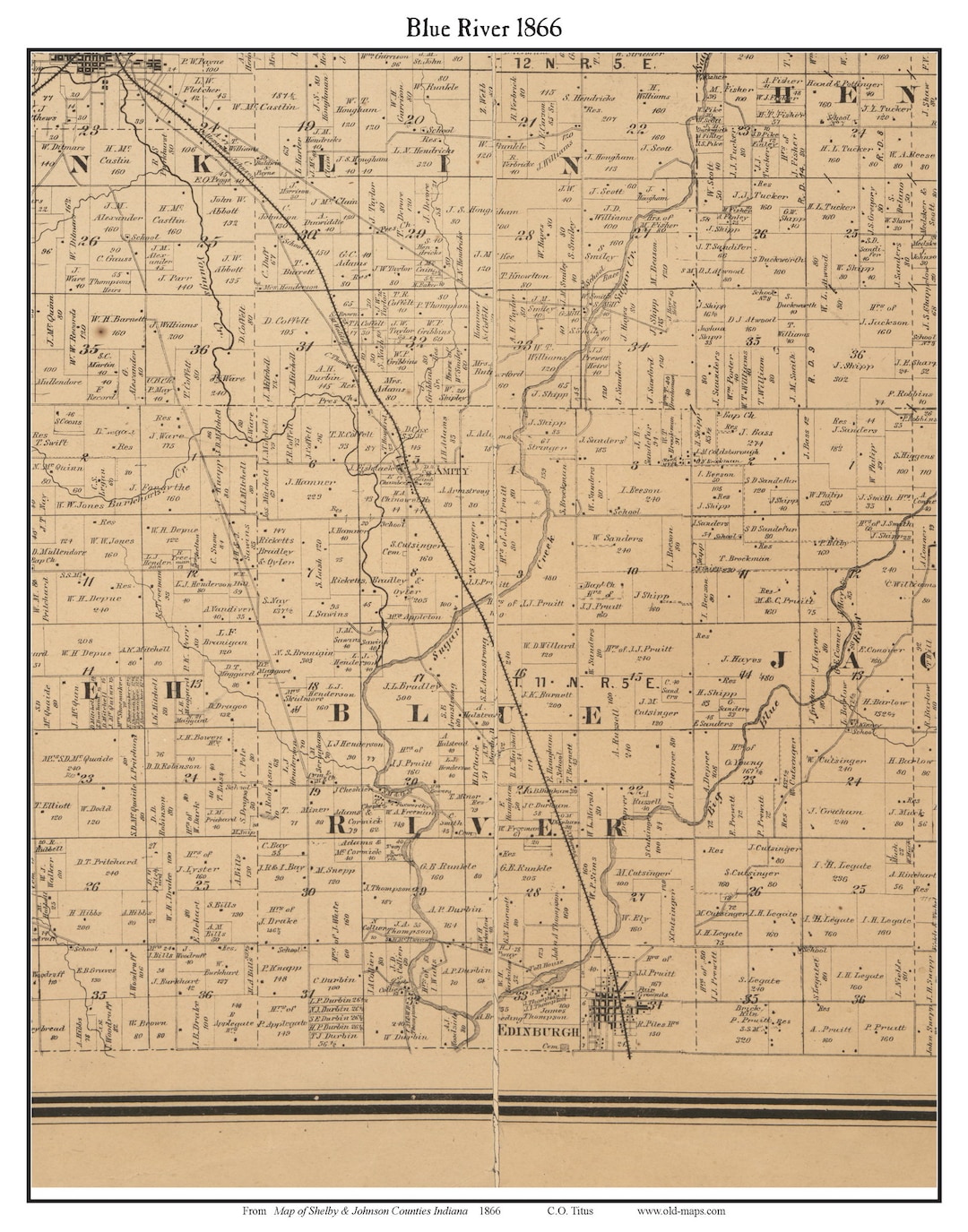 Blue River 1866 Old Town Map With Homeowner Names Indiana - Edinburgh ...
