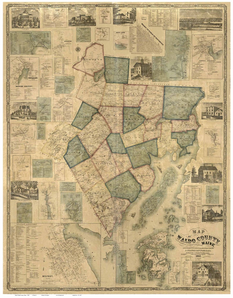 Waldo & Part of Knox County Maine 1859 Old Wall Map Reprint - Etsy
