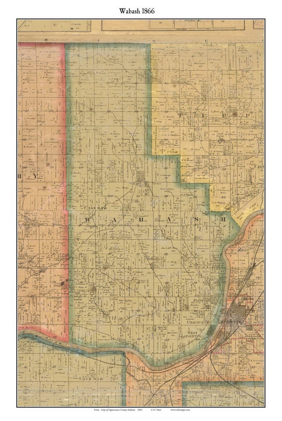 Wabash 1866 Old Town Map With Homeowner Names Indiana Chauncy West ...