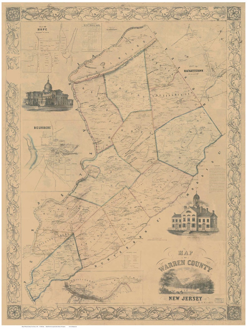 Warren County New Jersey 1852 Old Wall Map Reprint With - Etsy