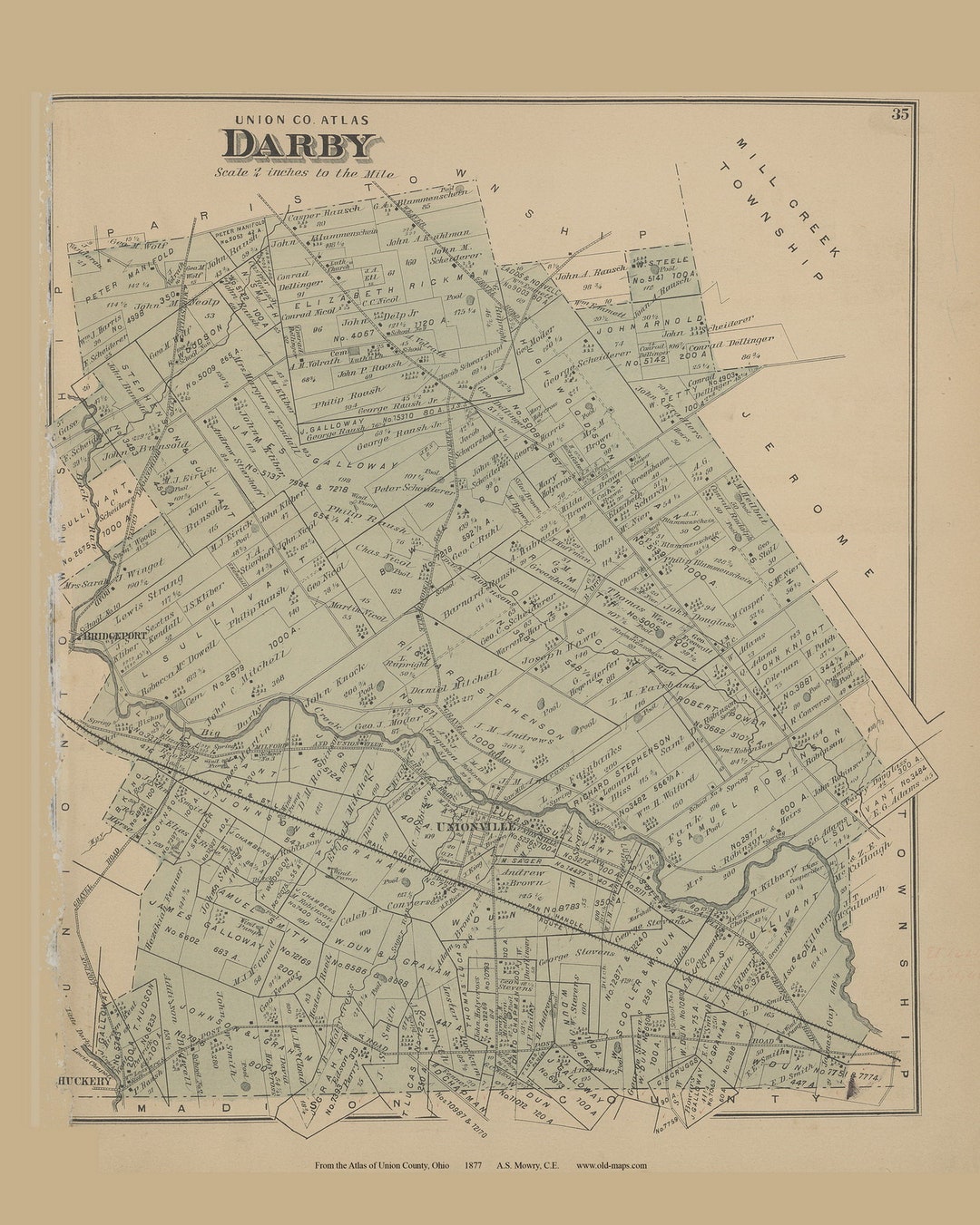 Darby 1877 Old Town Map With Homeowner Names - Ohio - Reprint Genealogy ...