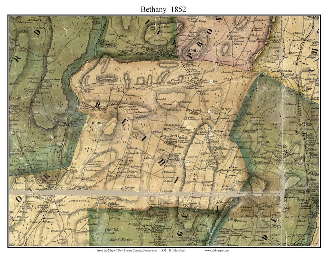 Bethany 1852 Old Town Map With Homeowner Names Connecticut - Reprint ...
