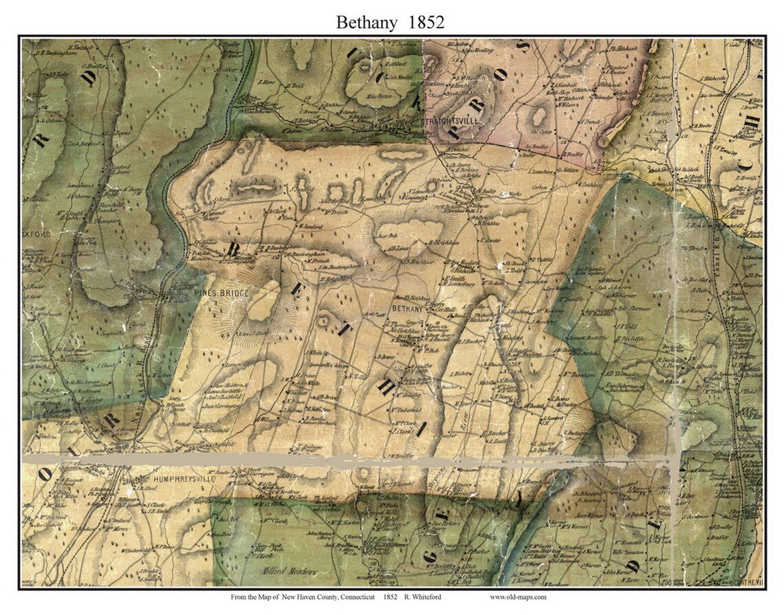 Bethany 1852 Old Town Map With Homeowner Names Connecticut Reprint New ...