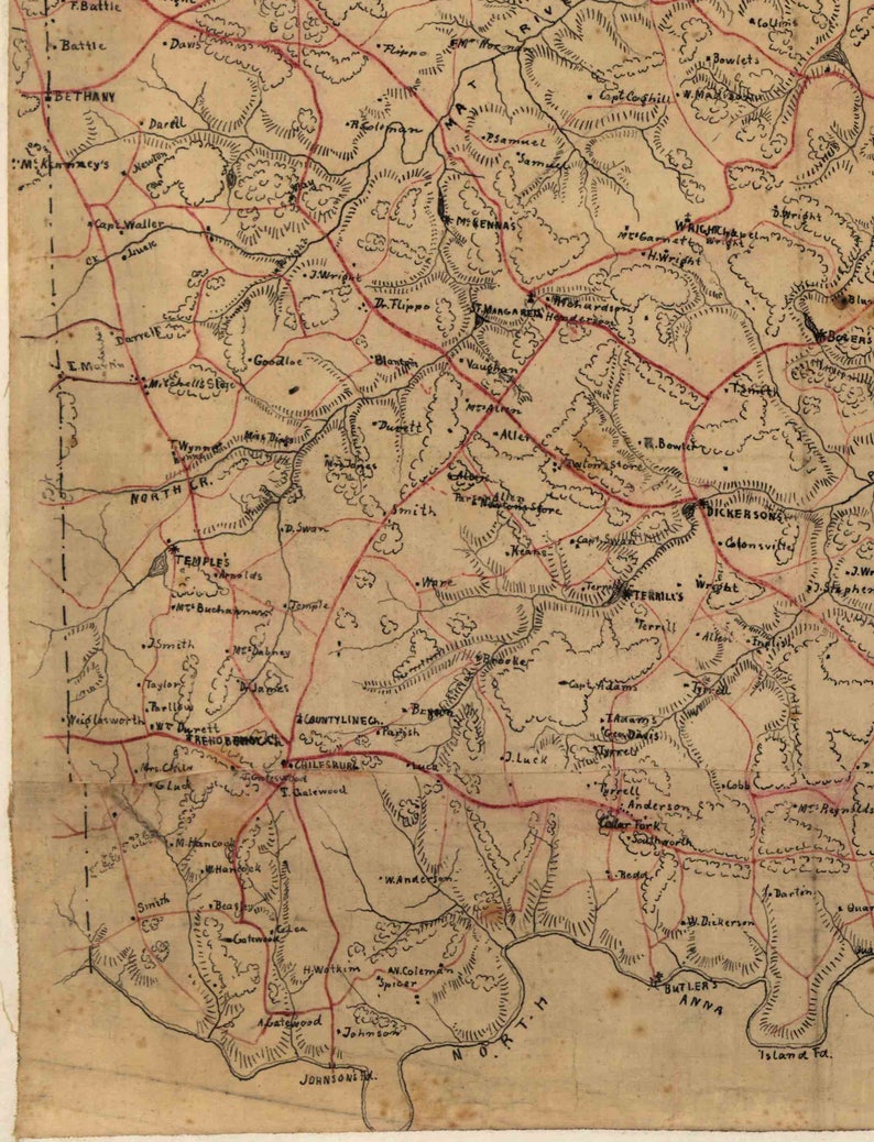 Caroline County Virginia 1860x COLOR Old Wall Map With Homeowner Names ...