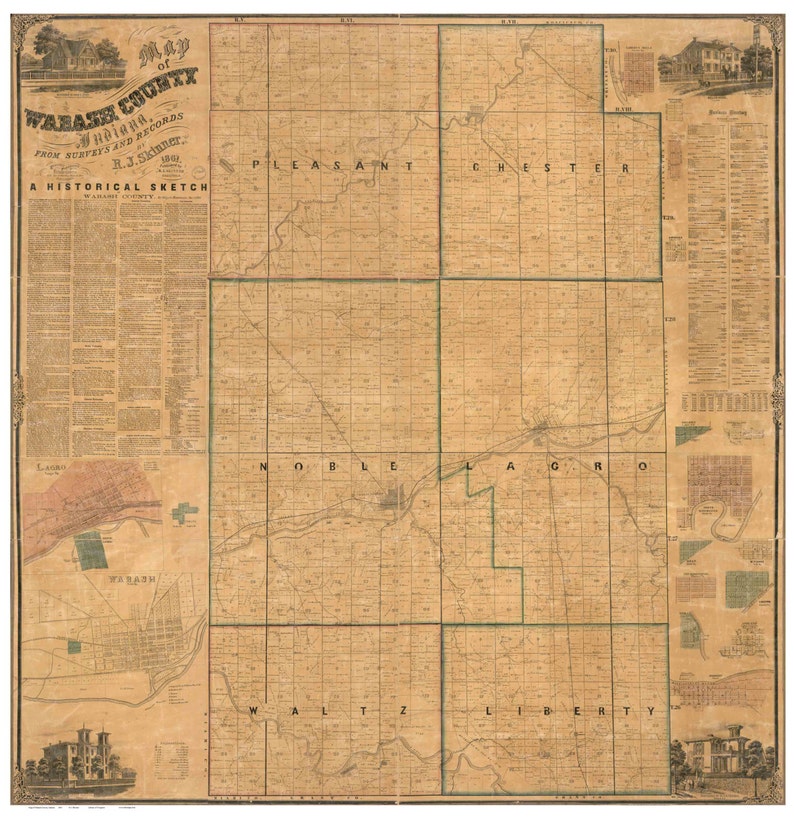 Wabash County Indiana 1861 Old Wall Map Reprint With | Etsy