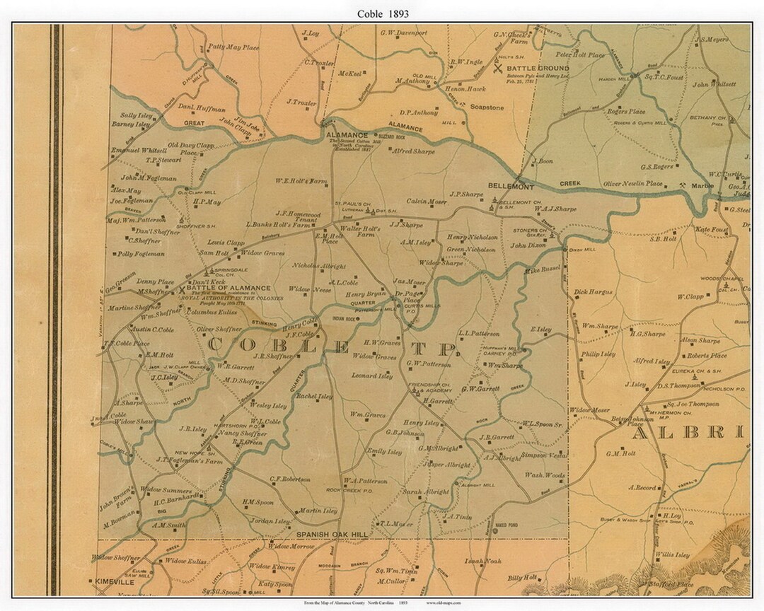 Coble 1893 Old Town Map With Homeowner Names Bellemont Battle of ...