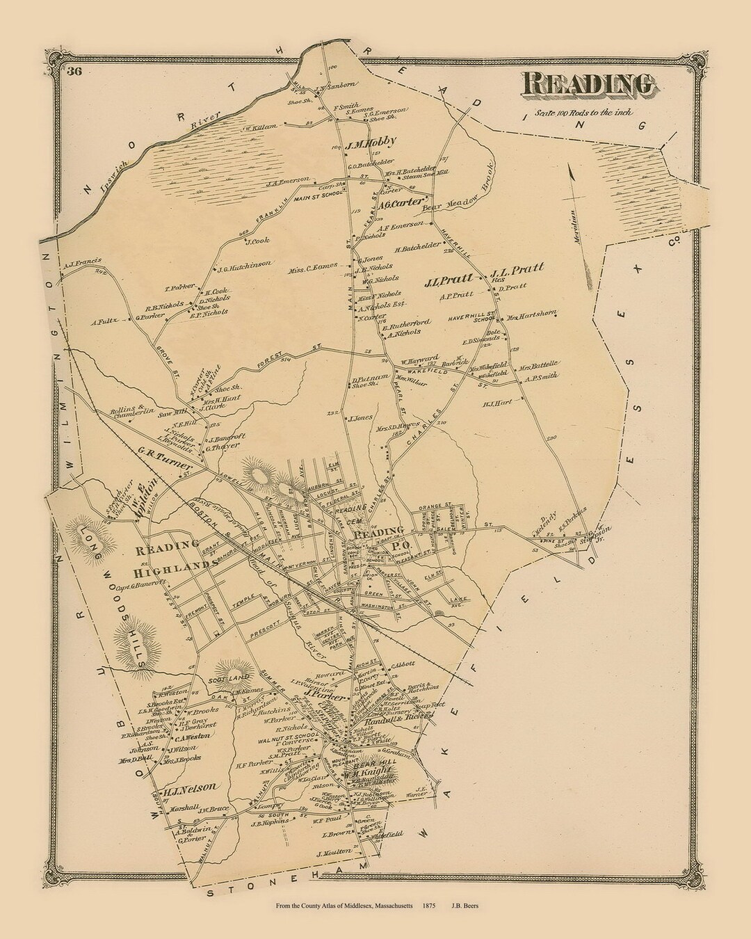 Reading - 1875 - Old Town Map Reprint - Middlesex County, Massachusetts ...