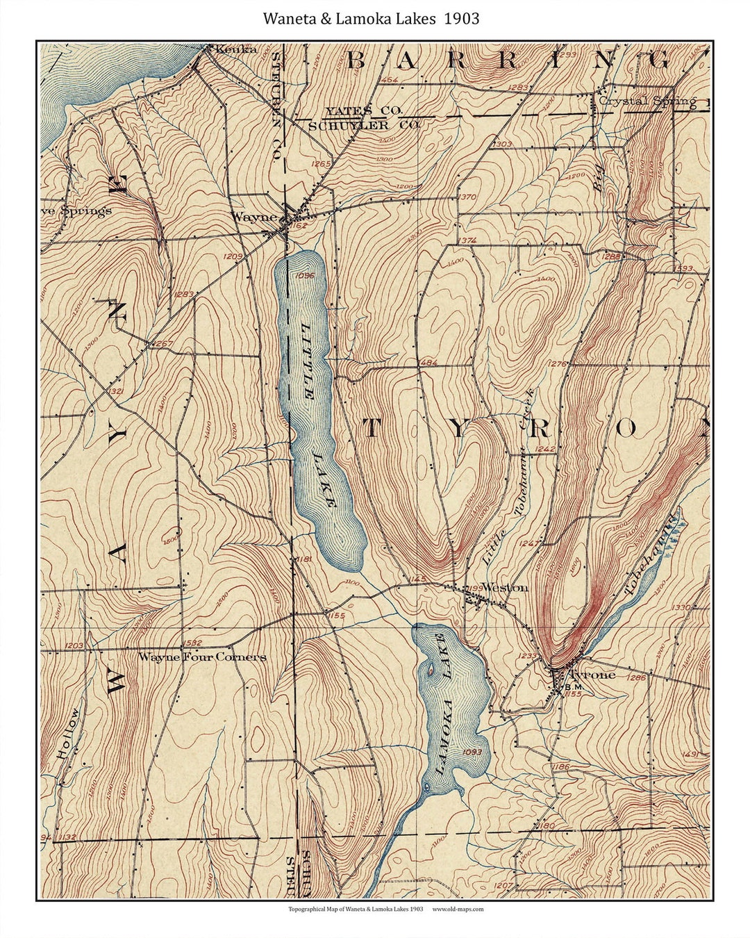 Waneta & Lamoka Lakes - 1903 USGS Old Topographic Map Custom Composite ...