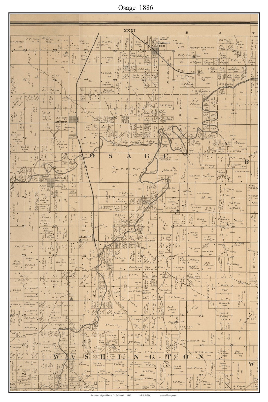 Osage 1886 Old Town Map With Homeowner Names Missouri Vernon Co ...