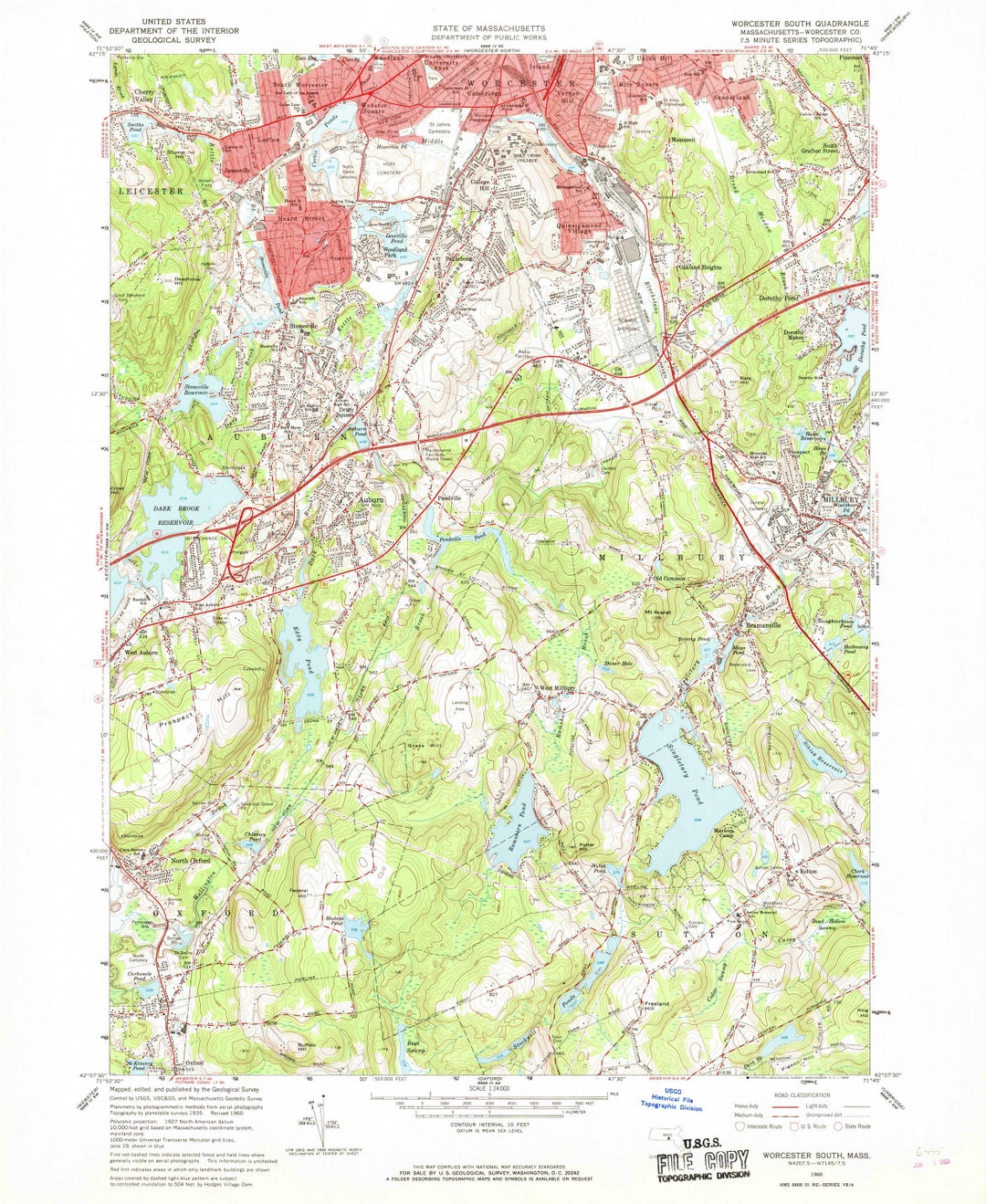 Worcester South 1960 1969 Old Topo Map Millbury Oxford Auburn 7x7 USGS ...
