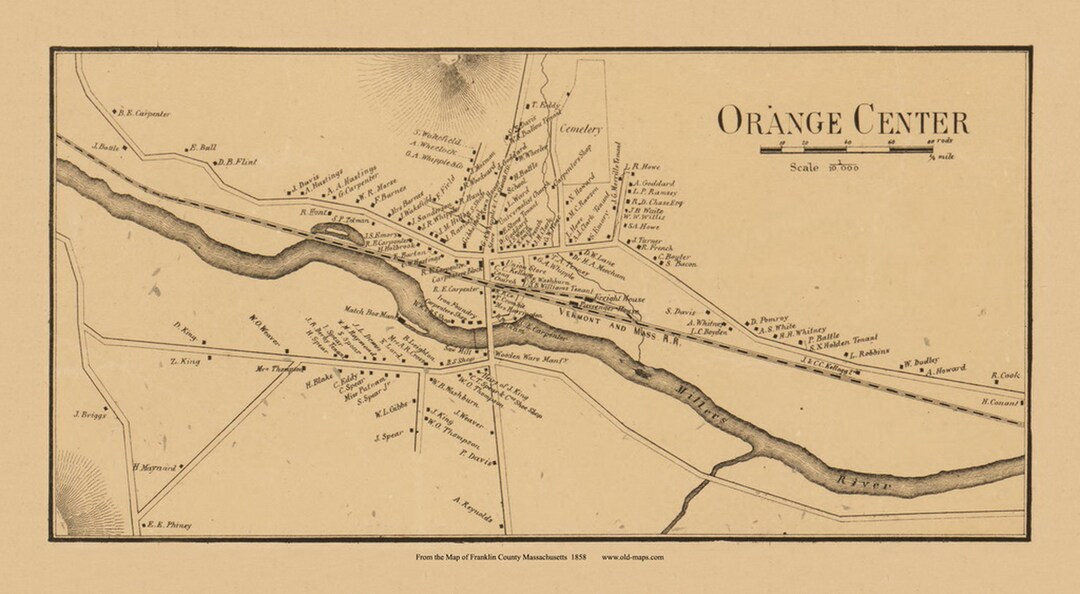 Orange Center 1858 Old Town Map With Homeowner Names -massachusetts ...