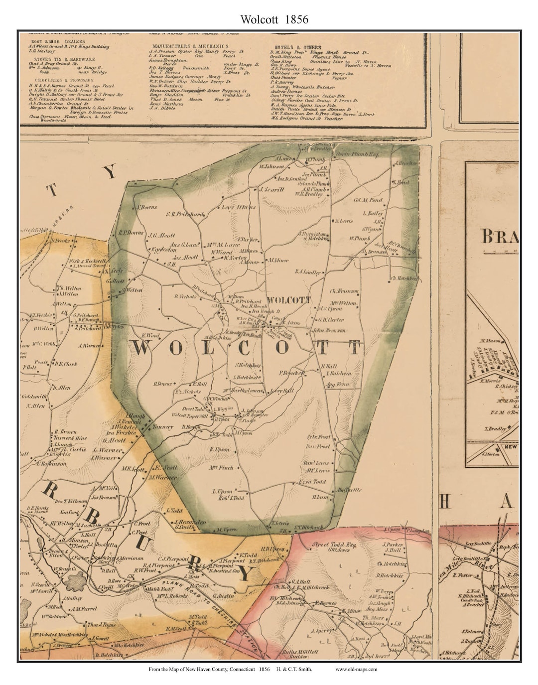 Wolcott 1856 Old Town Map With Homeowner Names Connecticut - Reprint ...