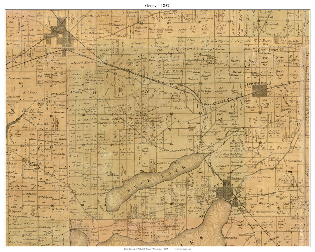 Geneva 1857 Old Town Map With Homeowner Names Wisconsin - Reprint ...