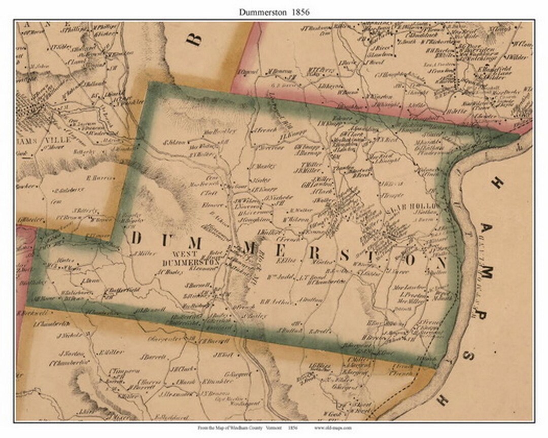 Dummerston 1856 Old Town Map With Homeowner Names Vermont - Reprint ...