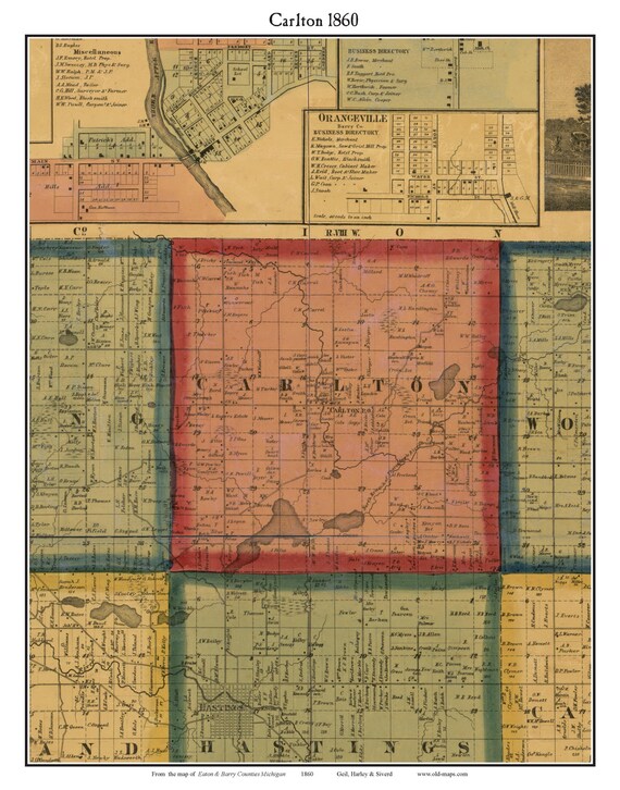 Carlton 1860 Old Town Map With Homeowner Names Michigan - Etsy