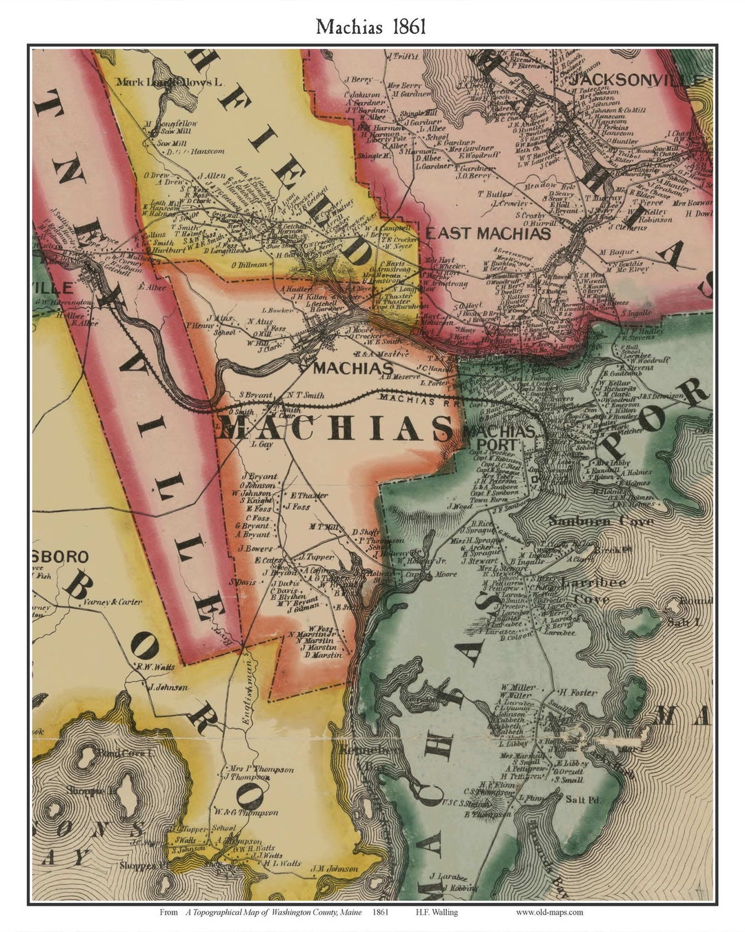 Machais 1861 Old Town Map With Homeowner Names Maine - Reprint ...