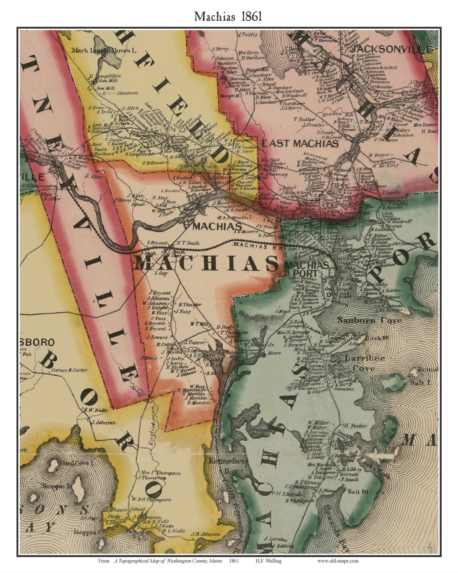 Machais 1861 Old Town Map With Homeowner Names Maine Reprint - Etsy