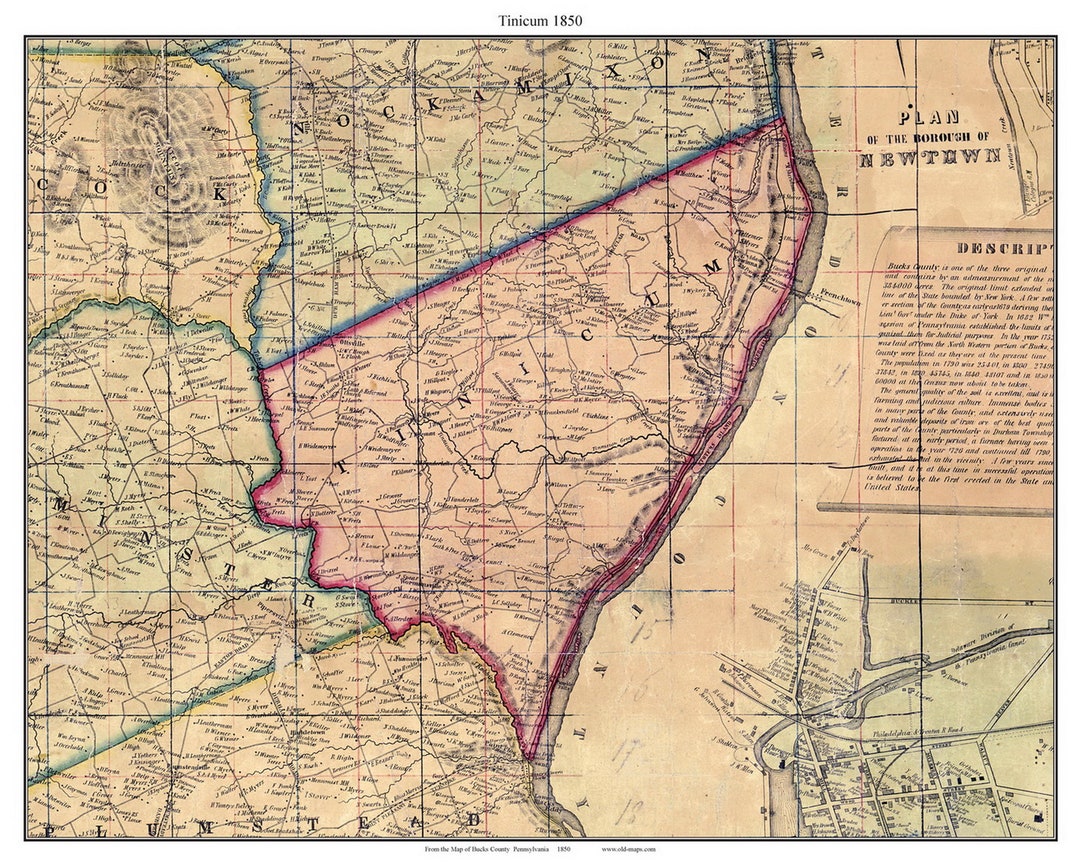 Tinicum 1850 Old Town Map With Homeowner Names - Pennsylvania - Reprint ...