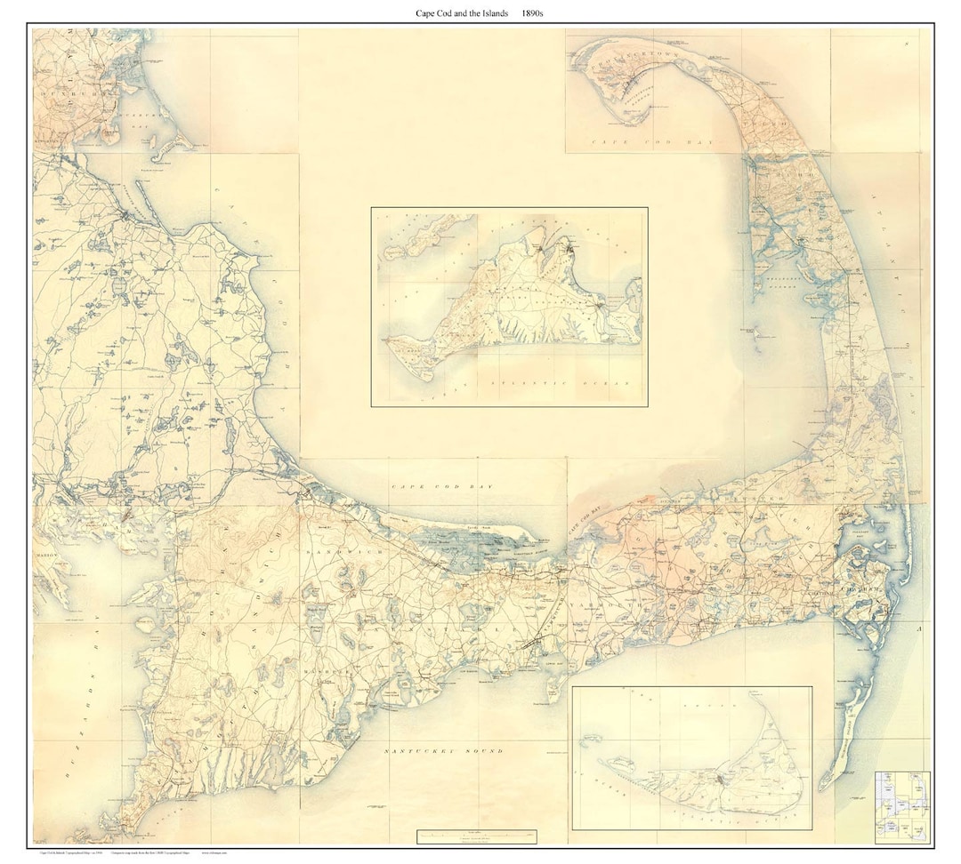 Cape Cod and the Islands 1890 USGS Old Topographical Map Massachusetts ...