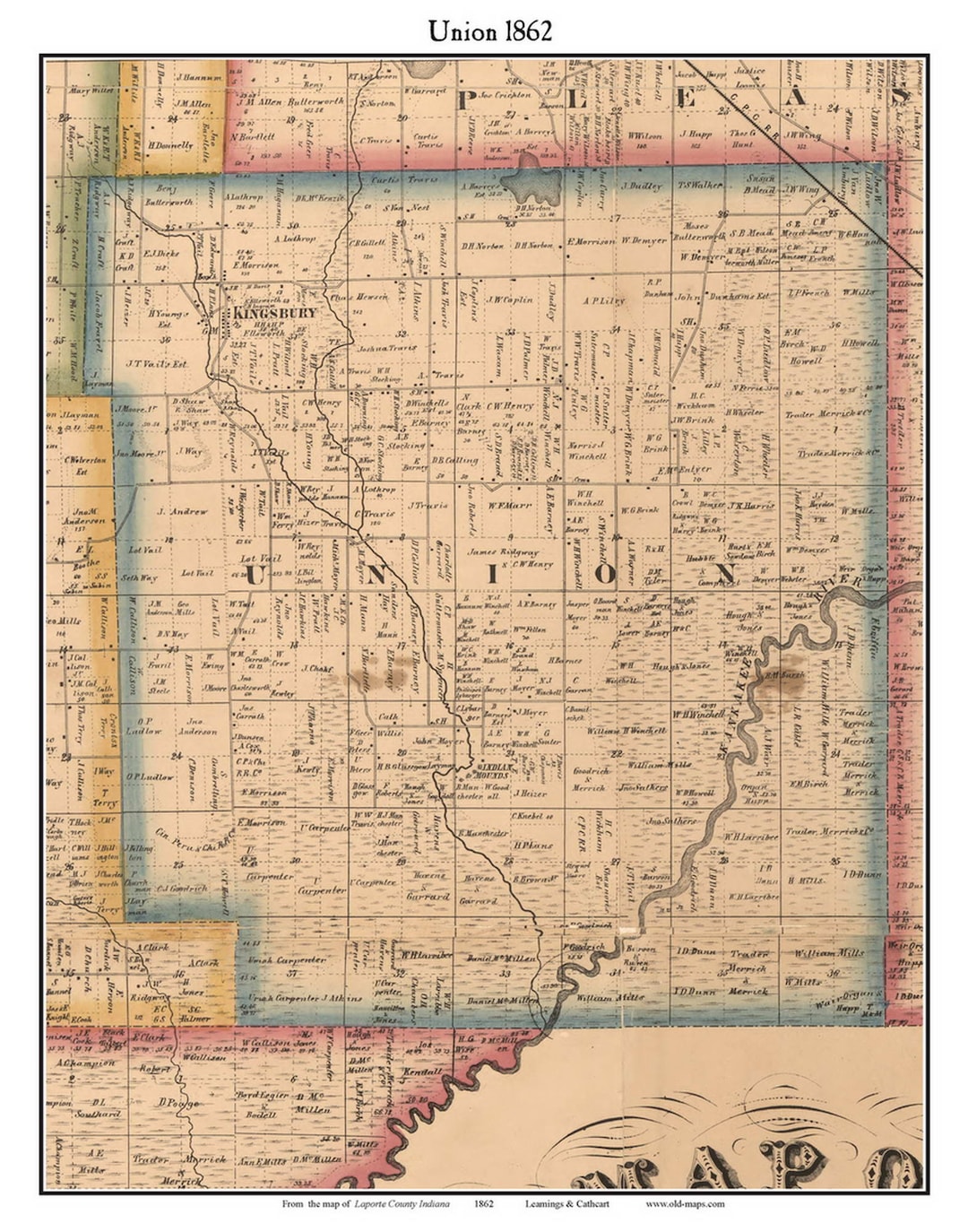Union 1862 Old Town Map With Homeowner Names Indiana Kingsbury Indian ...