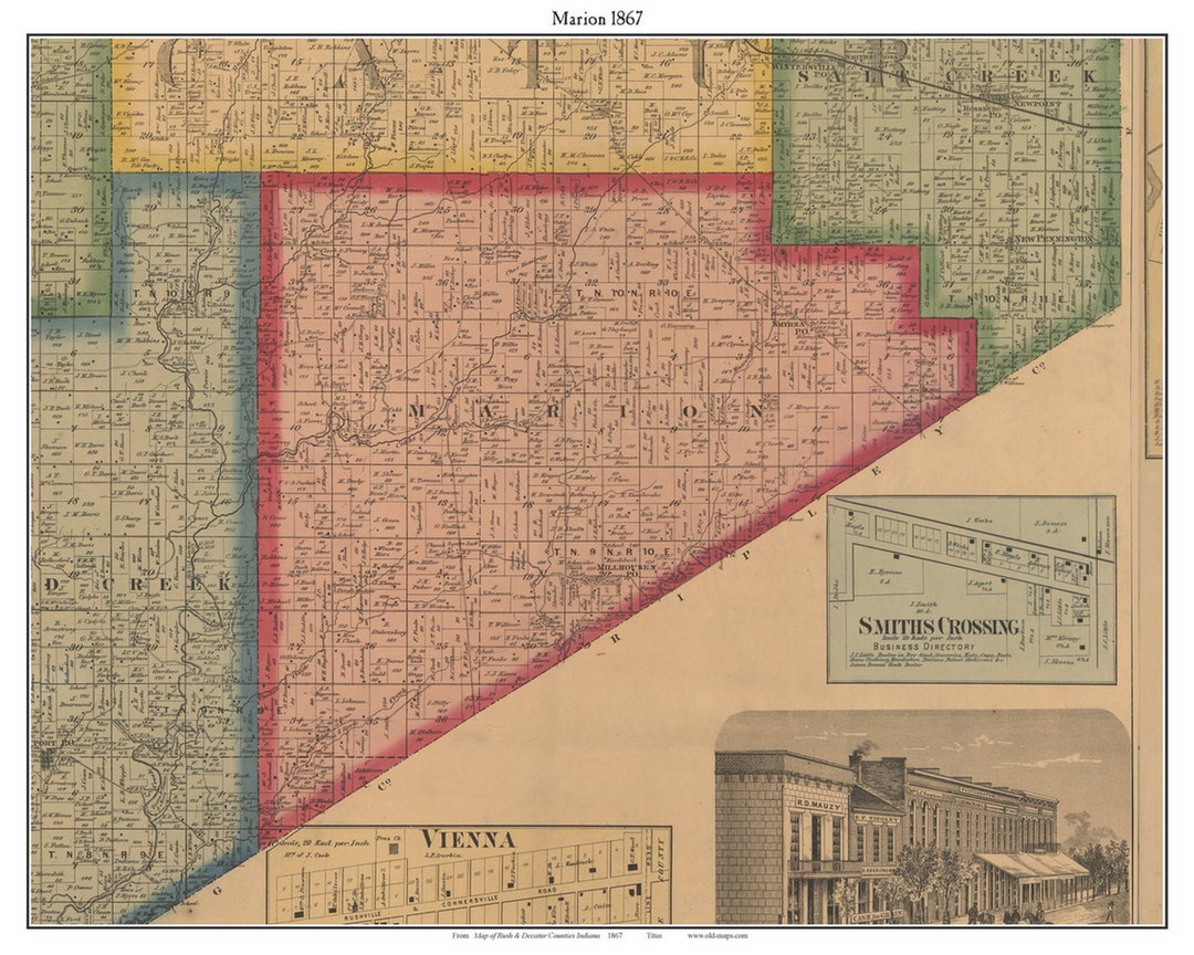 Marion 1867 Old Town Map With Homeowner Names Indiana Millhousen ...