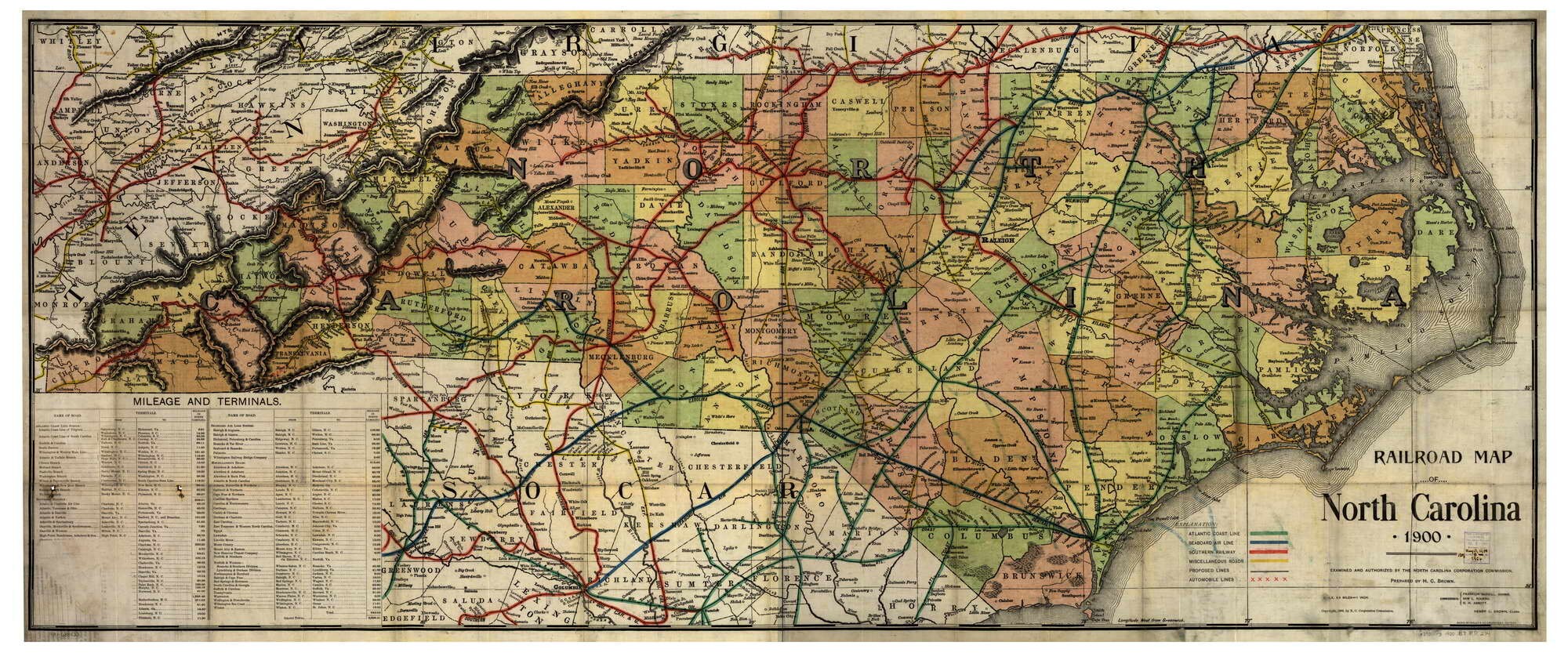 North Carolina 1900 Railroad Map - H.C. Brown - Reprint State - Etsy