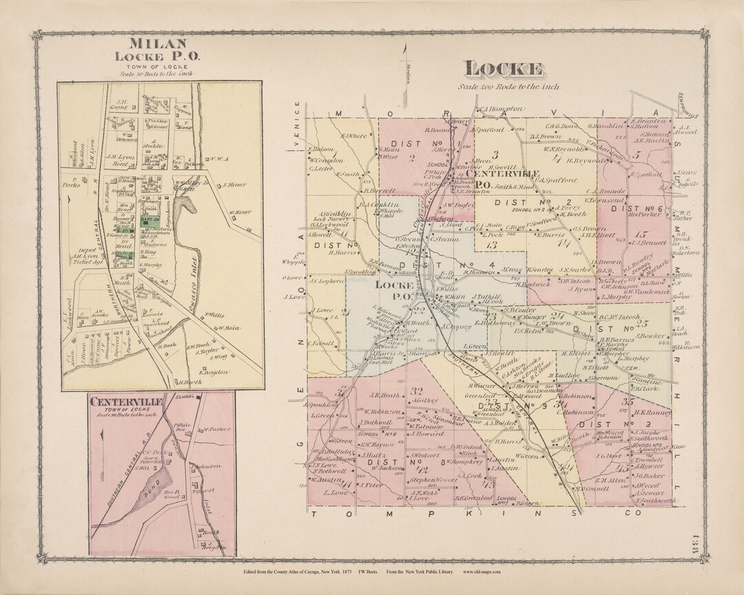 Locke 1875 Map Milan Centerville Homeowner Names Reprint Cayuga Co ...