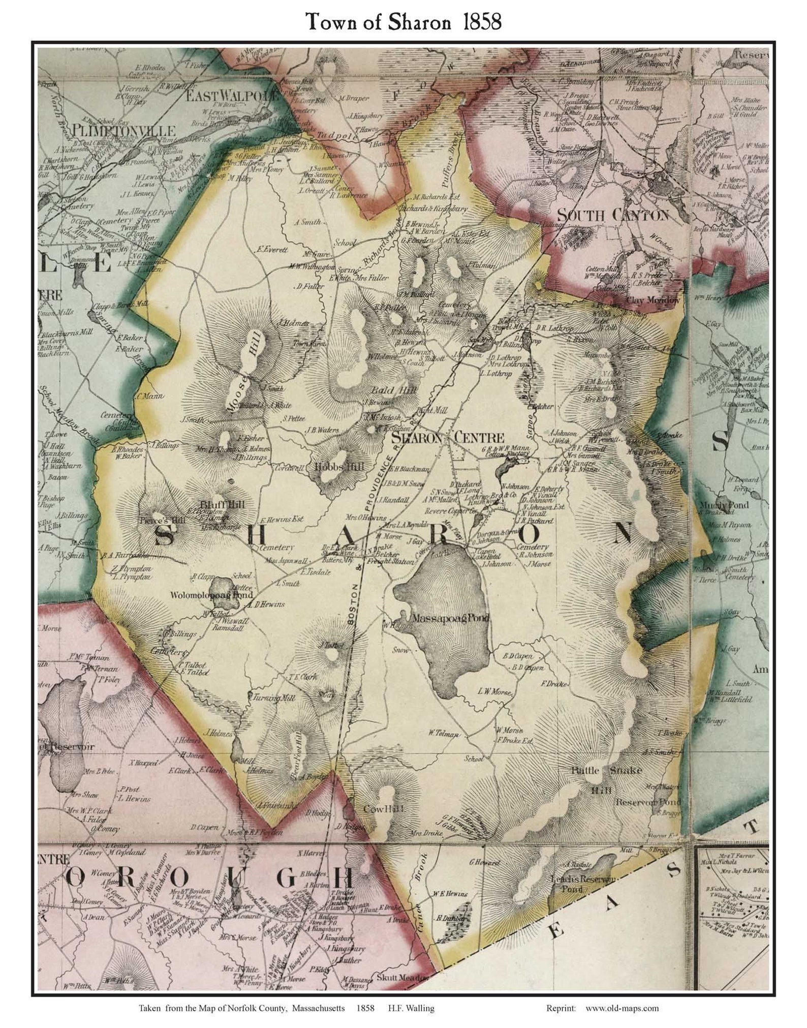 Sharon, Massachusetts 1858 Old Town Map With Homeowner Names Reprint ...