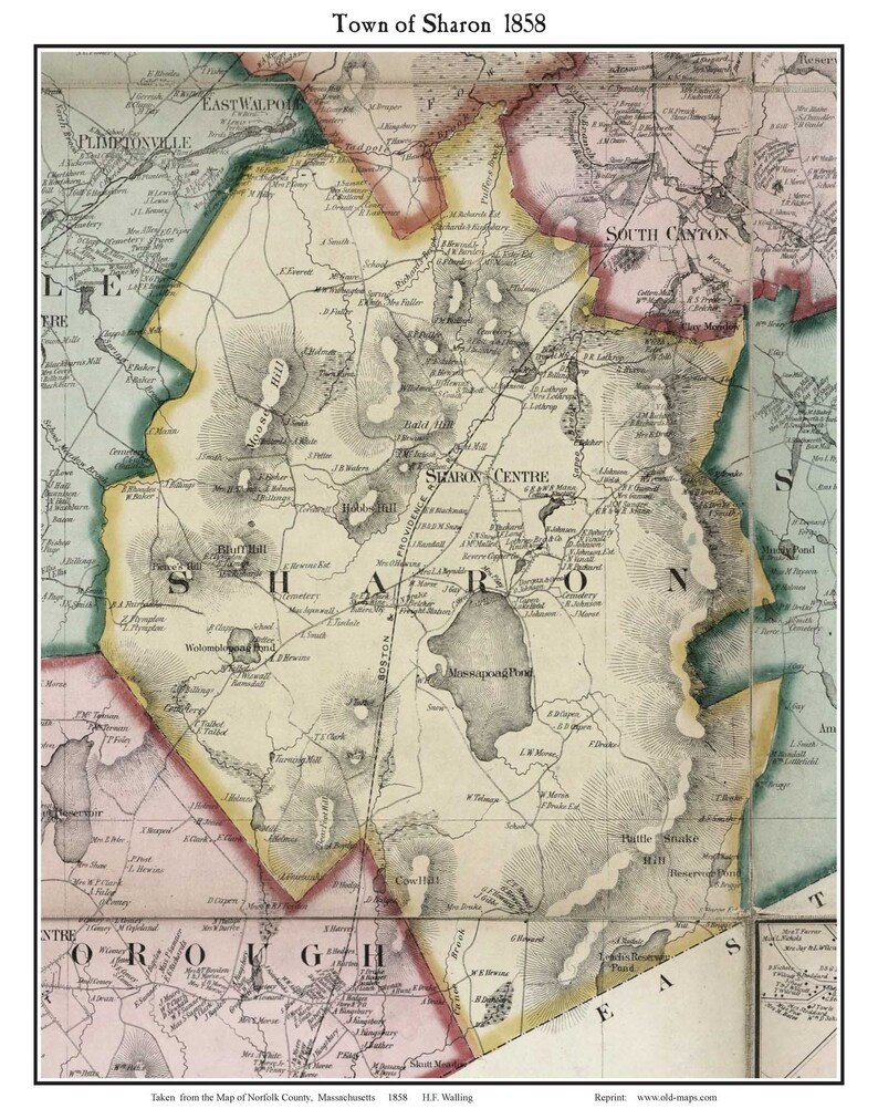 Sharon, Massachusetts 1858 Old Town Map With Homeowner Names - Reprint ...