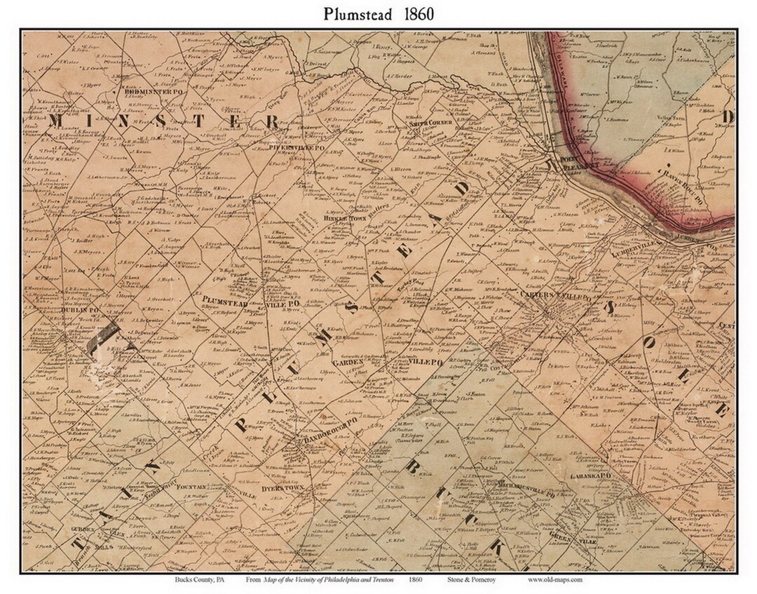Plumstead 1860 Old Town Map With Homeowner Names - Pennsylvania ...