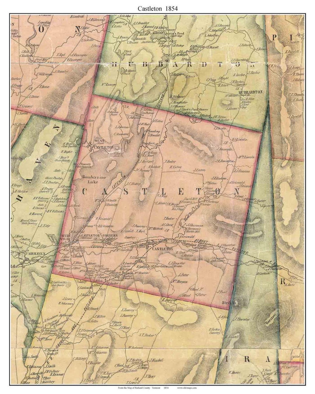 Castleton 1854 Old Town Map With Homeowner Names - Vermont - Rutland ...