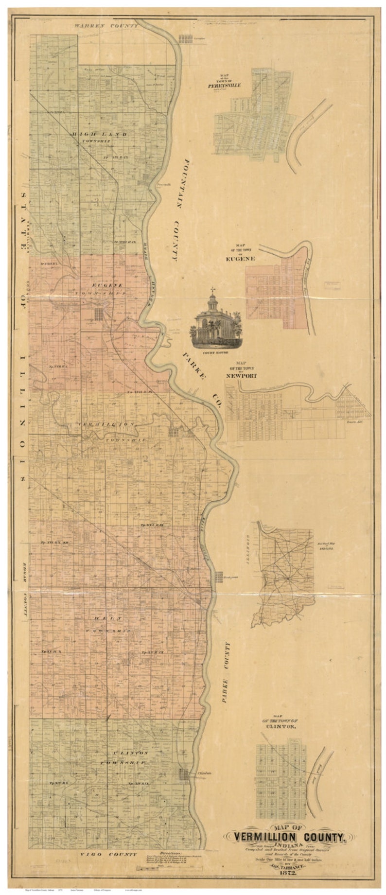 Vermillion County Indiana 1872 - Old Wall Map Reprint With Landowner ...