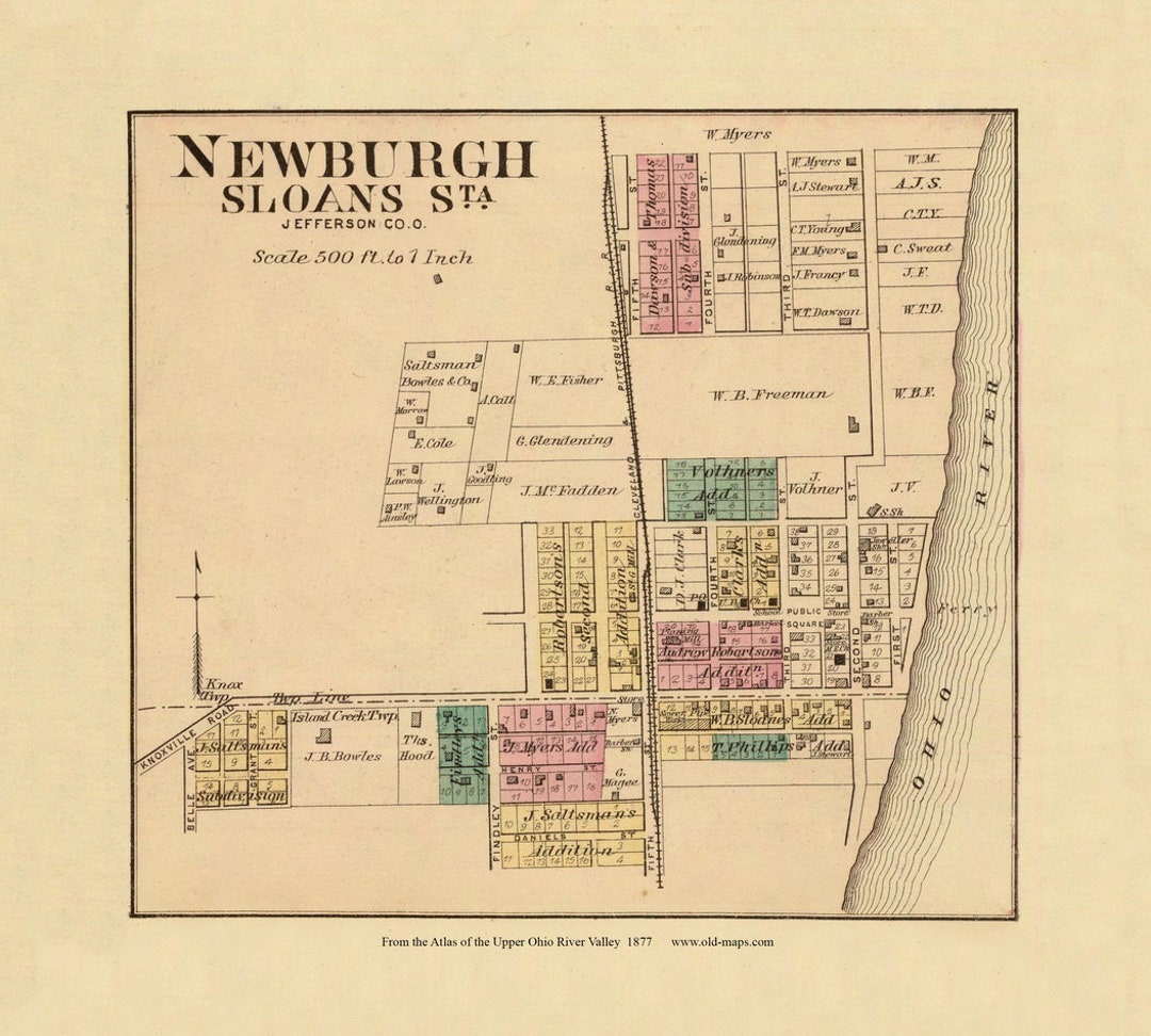 Newburgh Sloans Station 1877 Old Town Map Jefferson County Ohio Valley ...