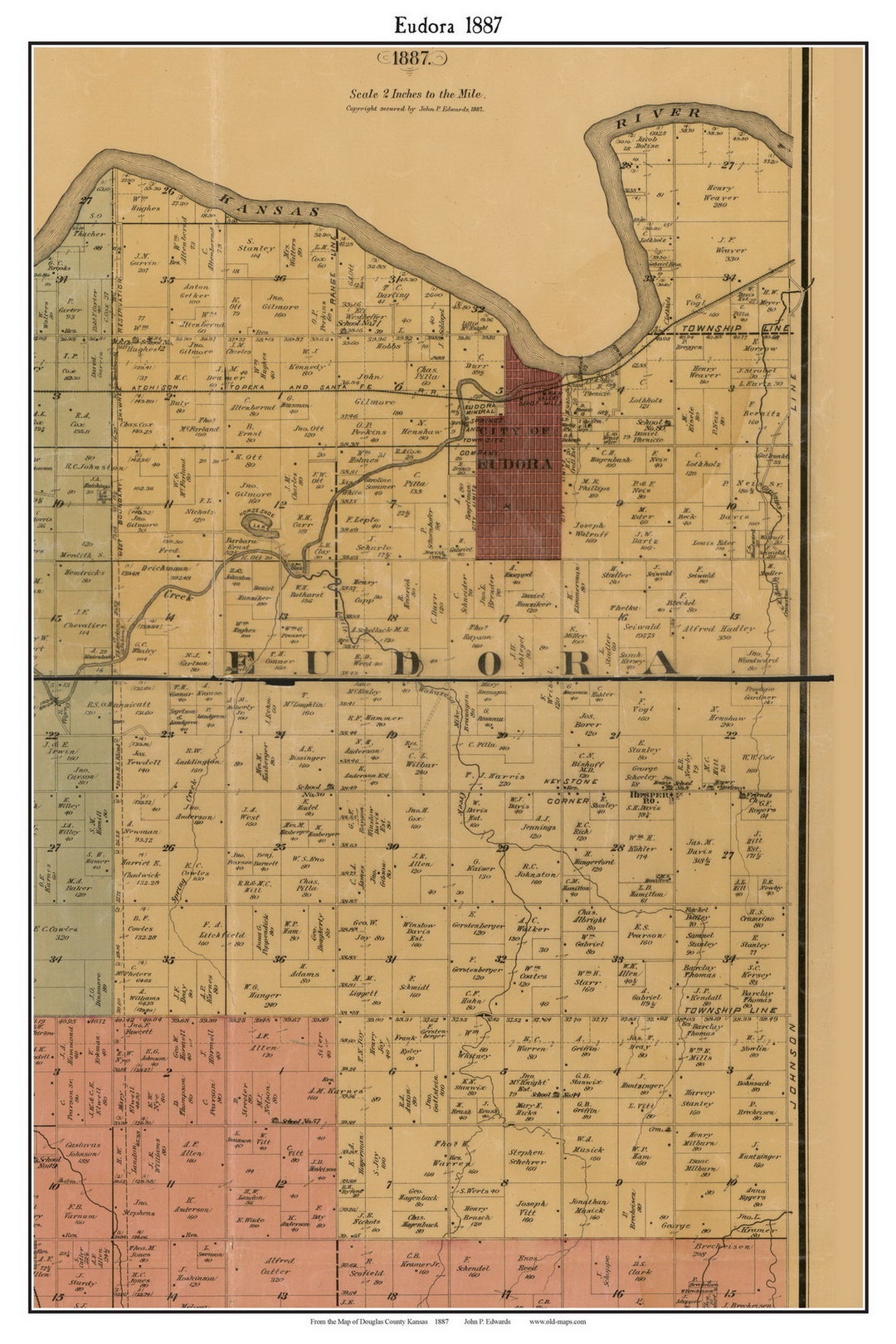 Eudora 1887 Old Town Map With Homeowner Names - Kansas - Reprint ...