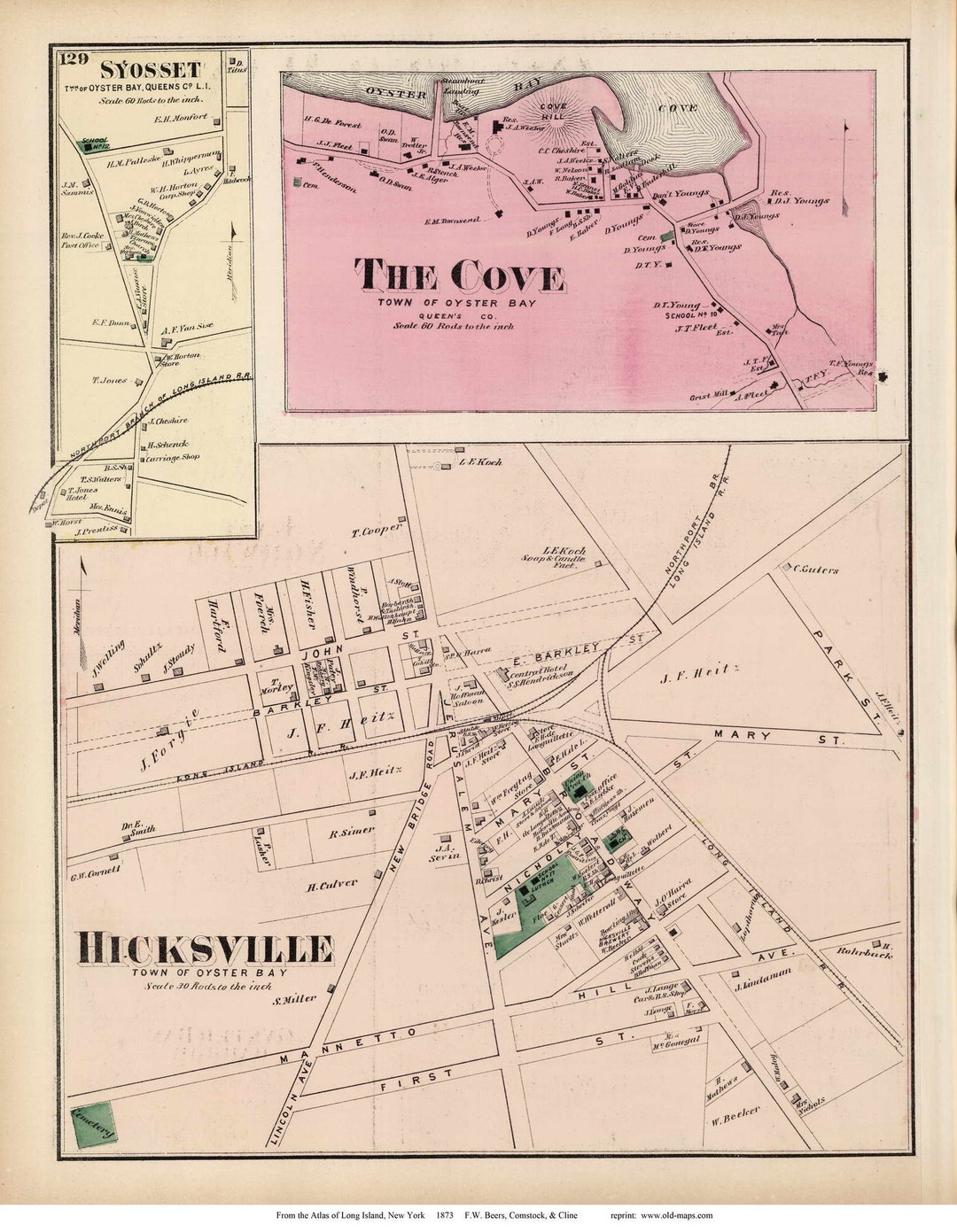 Oyster Bay Syosset 1873 Old Map Long Island New York With Homeowner ...