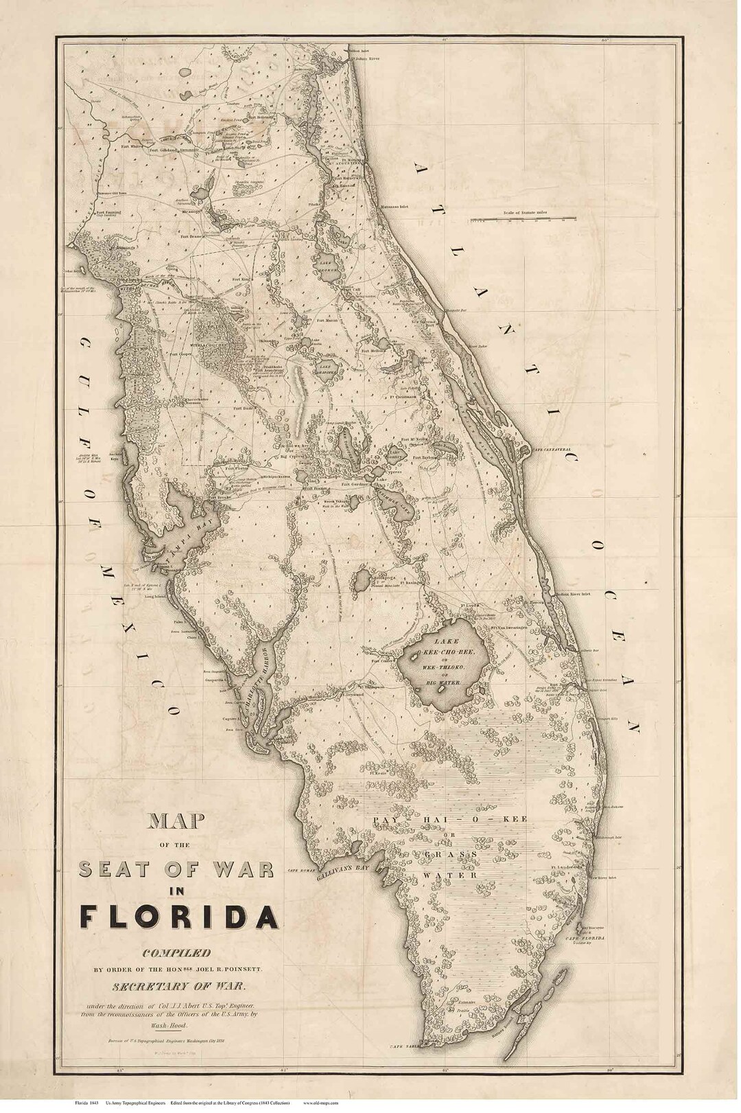 Florida 1838 Map Seat of War Seminole War US Army Reprint 1843 Regional ...