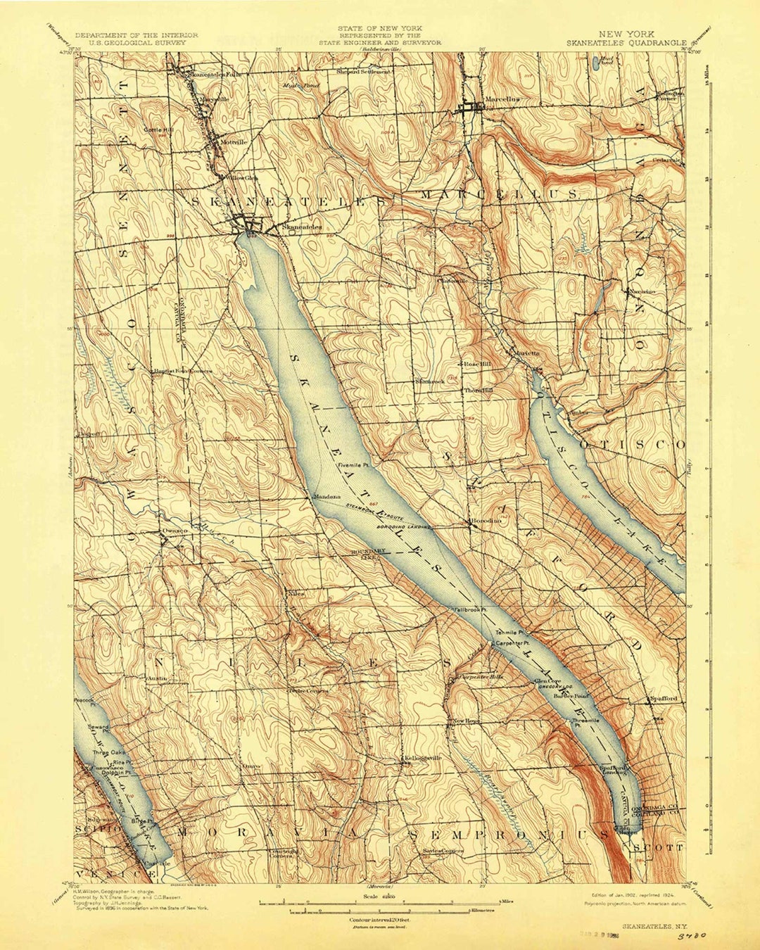 Skaneateles 1902 (1924) Old Topo Map Marcellus Otisco Lake Spafford ...