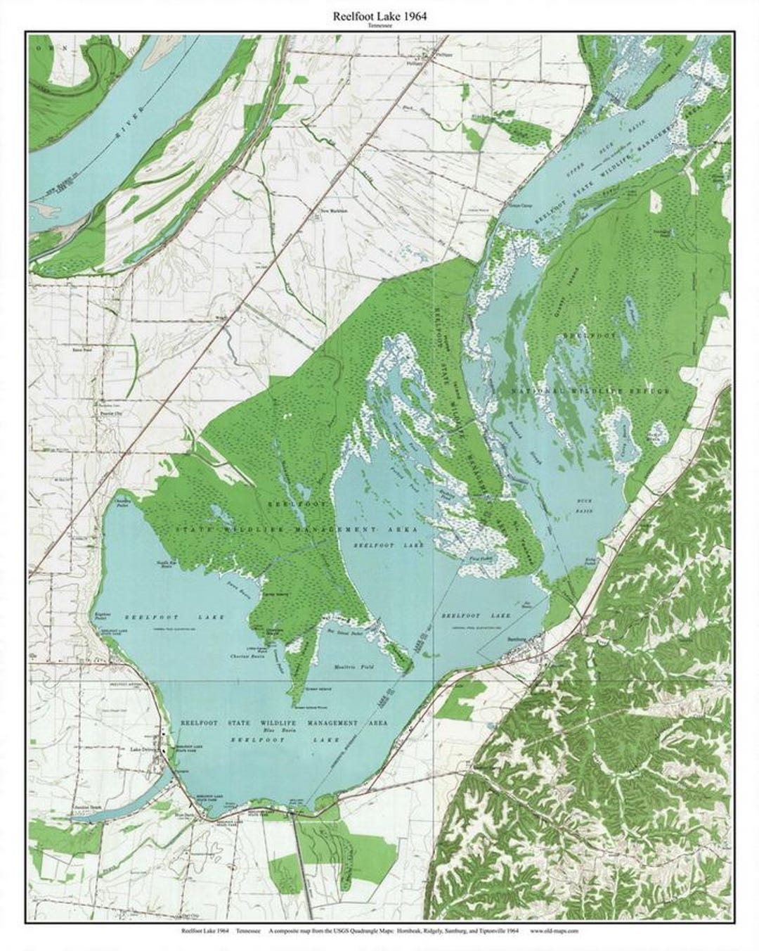 Reelfoot Lake 1964 Old Topo Map Custom Composite USGS Reprint Tennessee ...