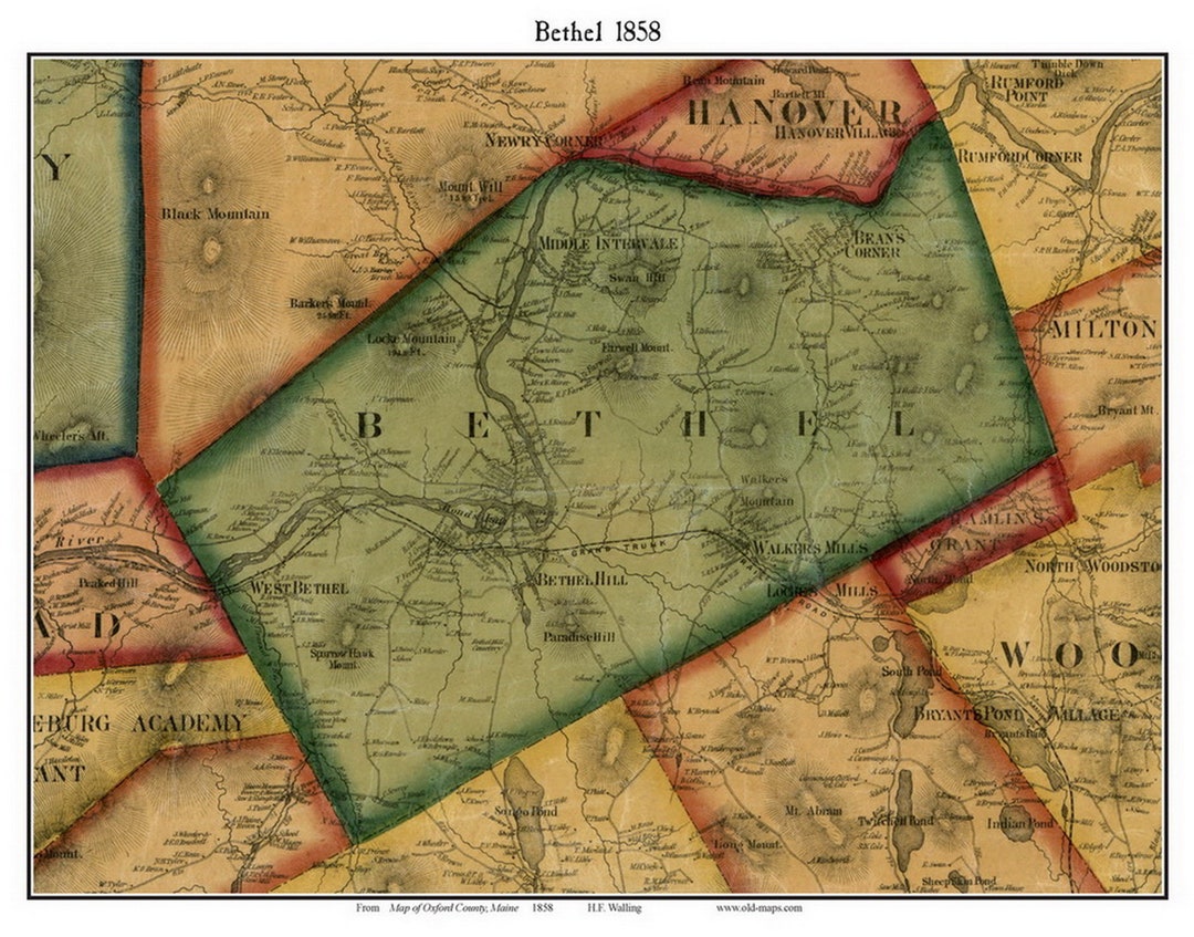 Bethel 1858 Old Town Map With Homeowner Names Maine Walker's Mills ...