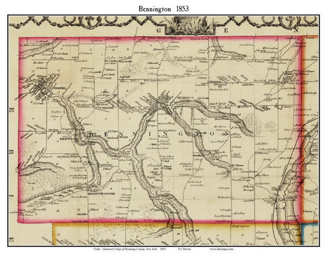 Bennington 1853 Old Town Map With Homeowner Names New York - Reprint ...