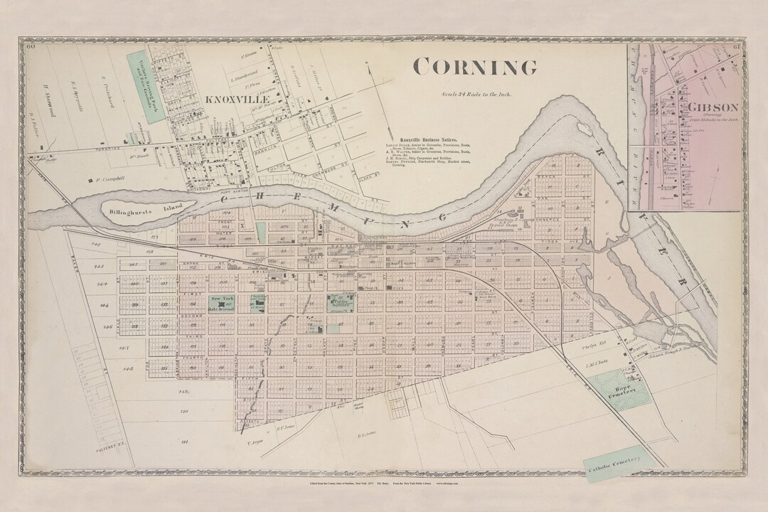Corning Village 1873 Map Knoxville Gibson Chemung River Homeowner Names ...