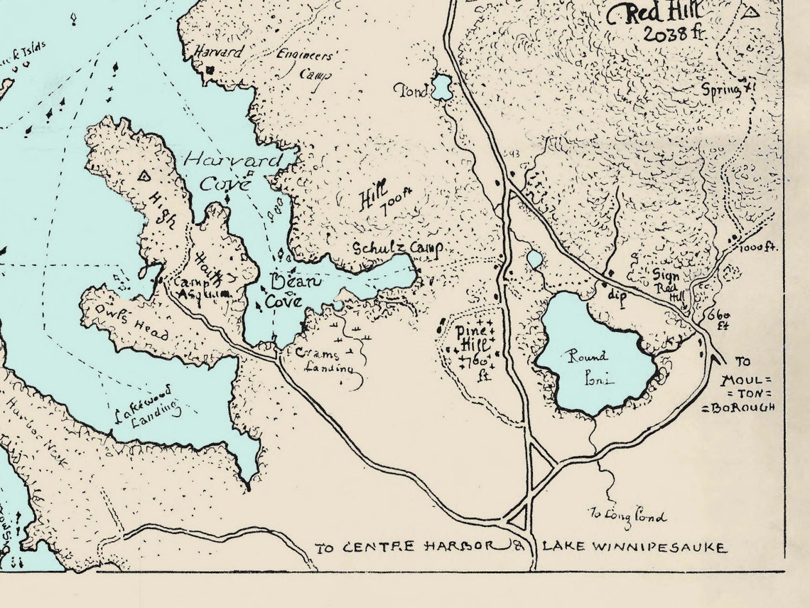 Squam Lake 1920 Map Colored Water SET of 4 Prints New - Etsy