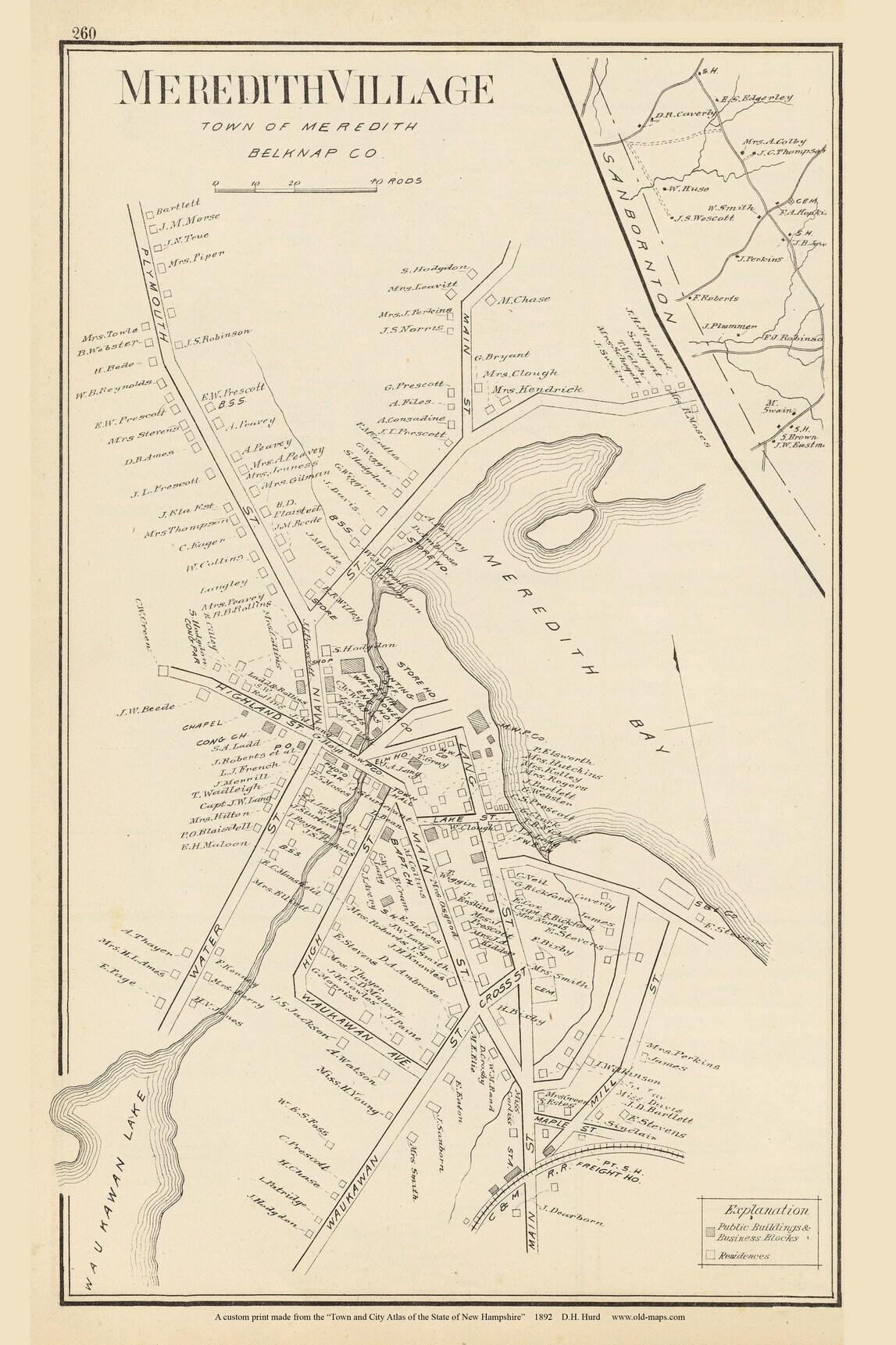 Meredith Village 1892 Old Town Map - Homeowner Names Custom Reprint ...