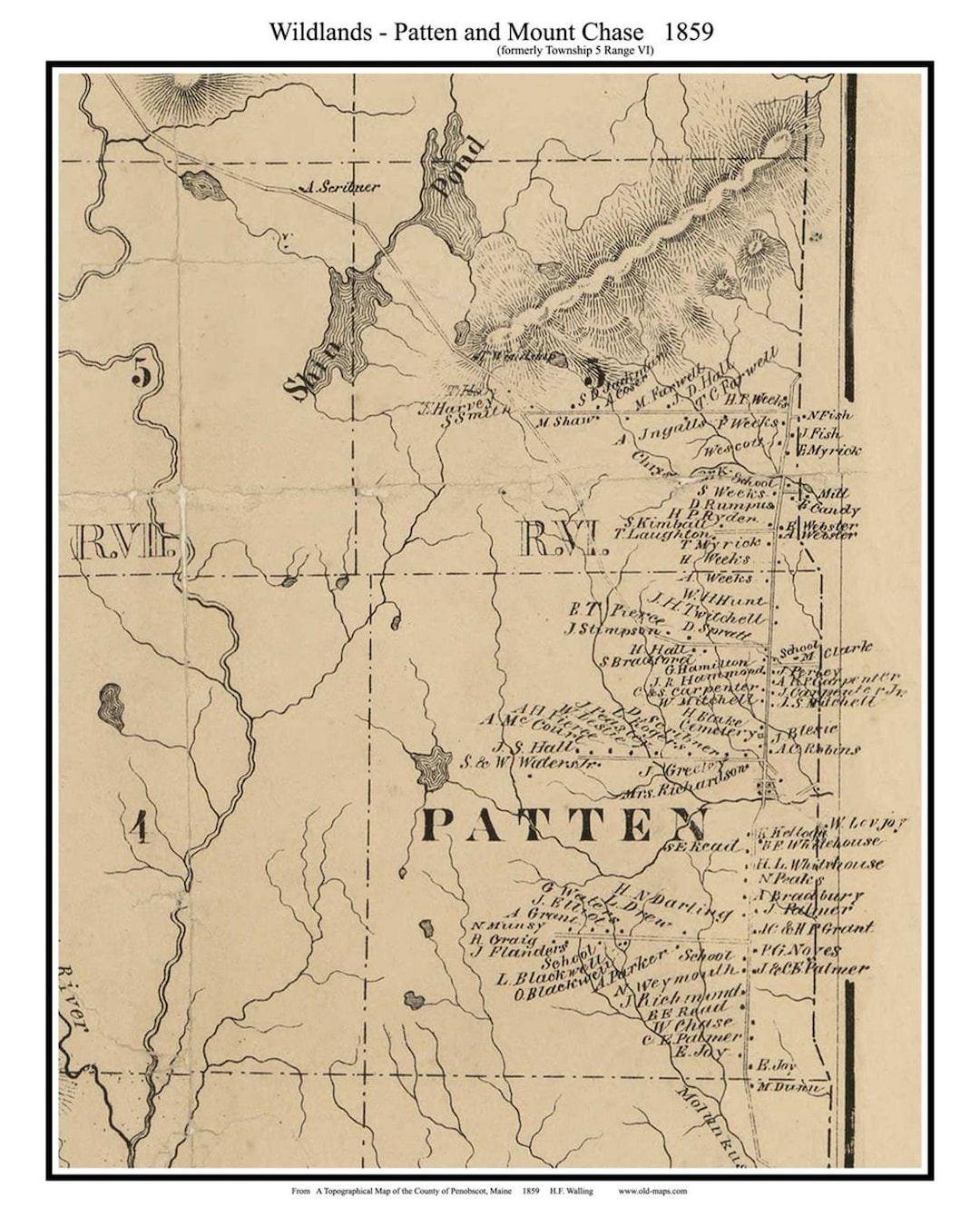 Patten & Mount Chase Wildlands 1859 Old Town Map With Homeowner Names ...