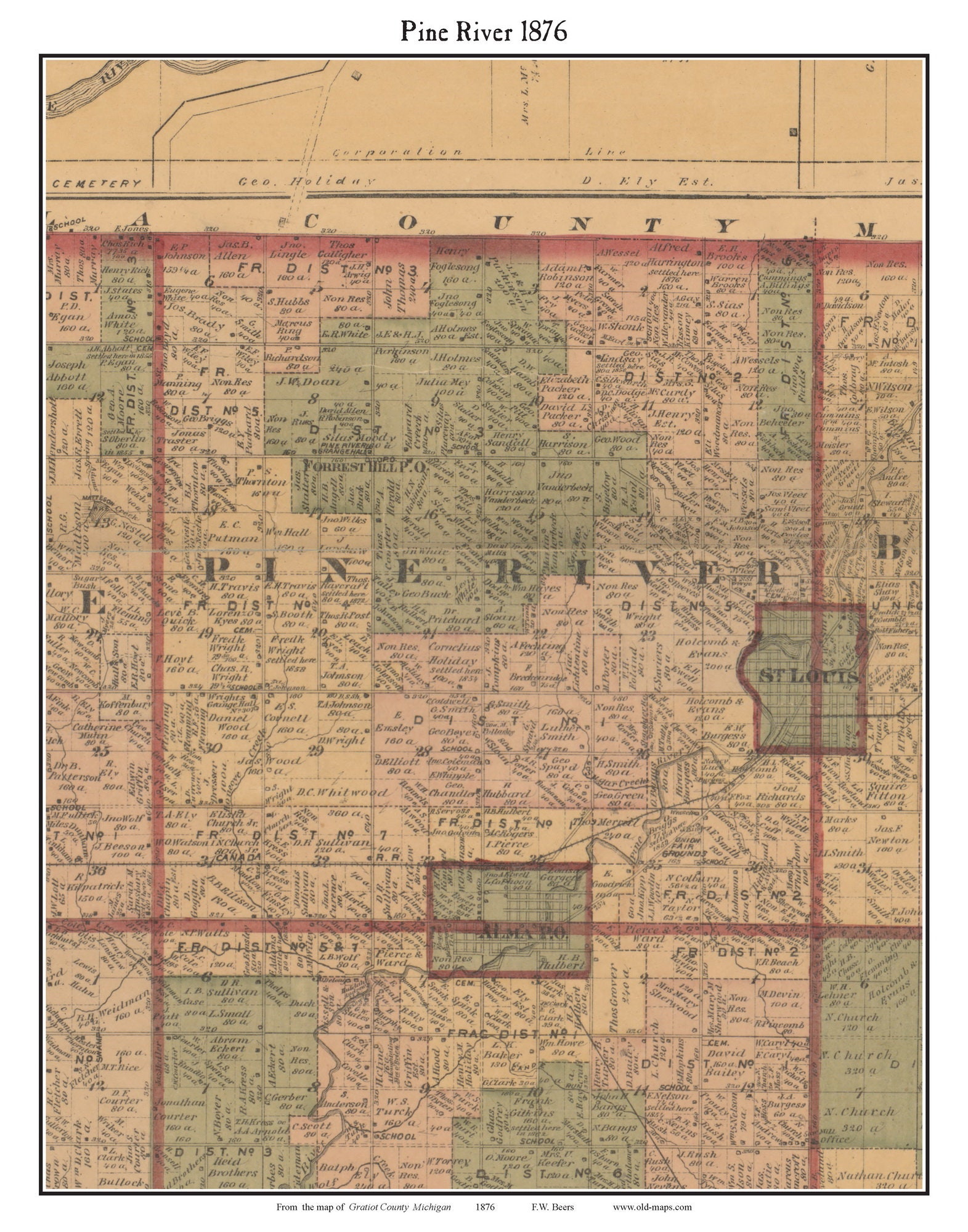 Pine River 1876 Old Town Map With Homeowner Names St Louis Alma Forest ...