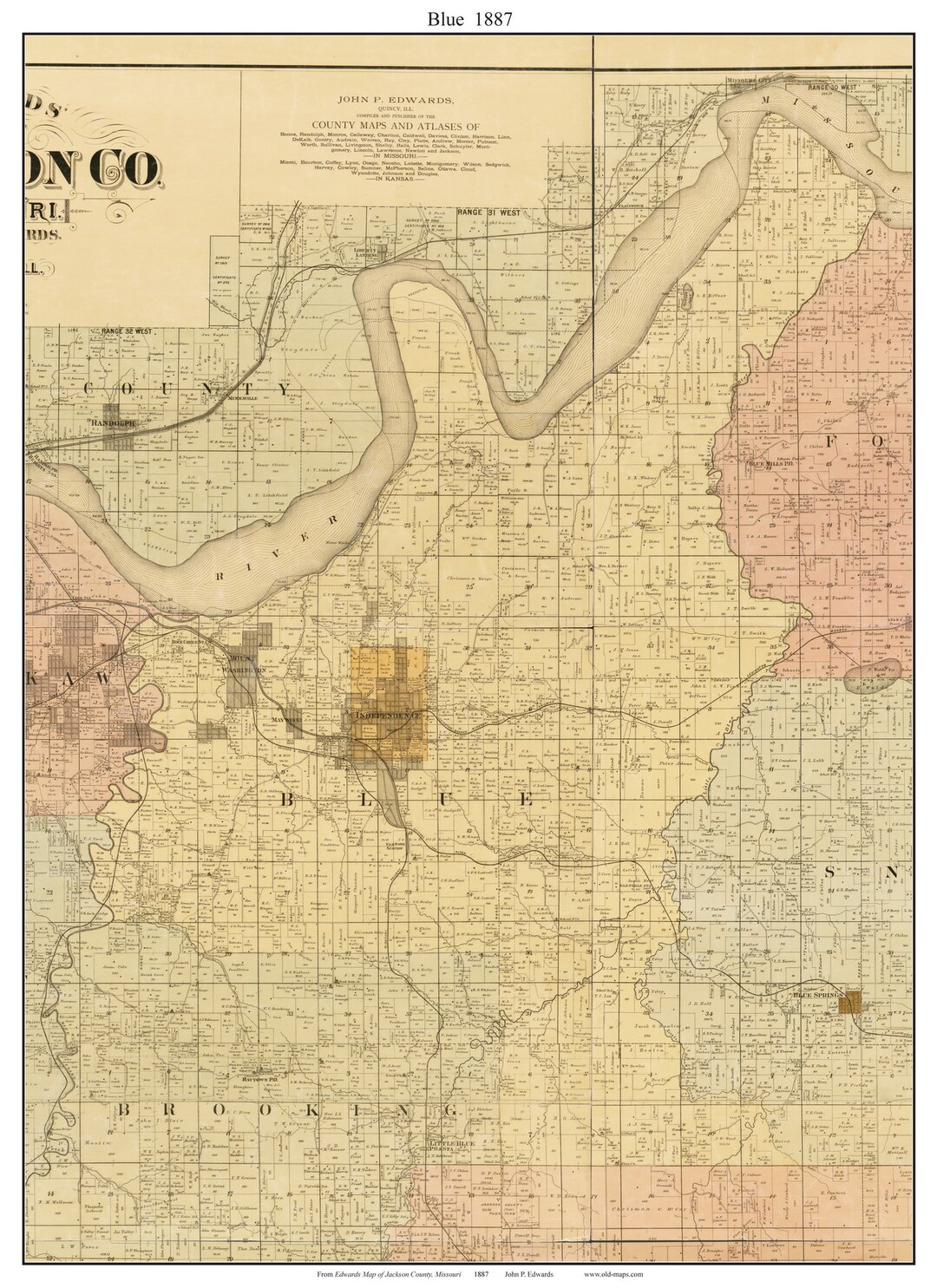 Blue 1887 Old Town Map With Homeowner Names - Independence - Missouri ...