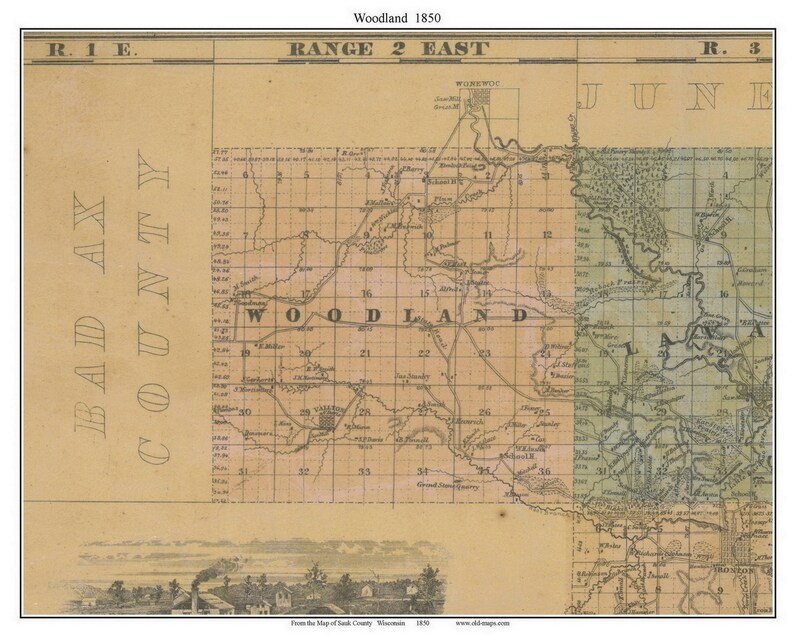 Woodland 1850 - Old Town Map With Homeowner Names - Valltan - Wisconsin ...