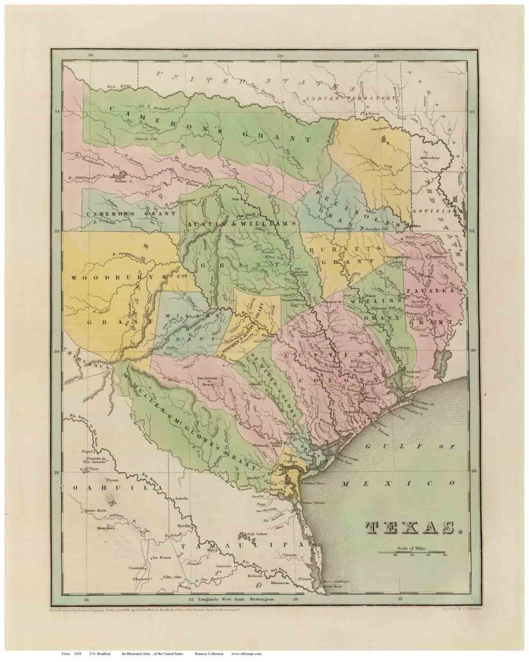 Texas 1838 State Map - T.G. Bradford - Indian Territories and Land ...