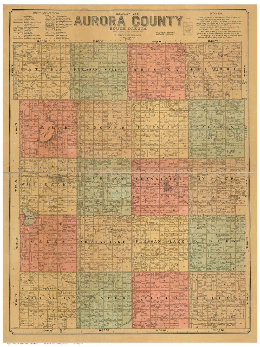 Aurora County South Dakota 1900 - Old Wall Map With Landowner Names ...