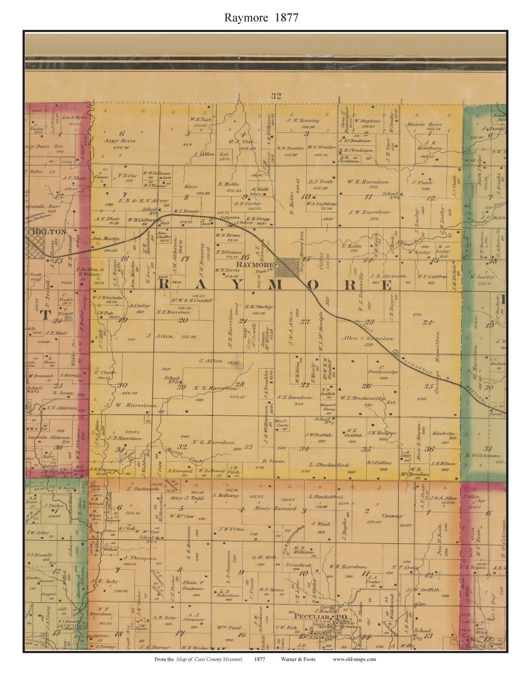 Raymore 1877 Old Town Map With Homeowner Names - Missouri - Reprint ...